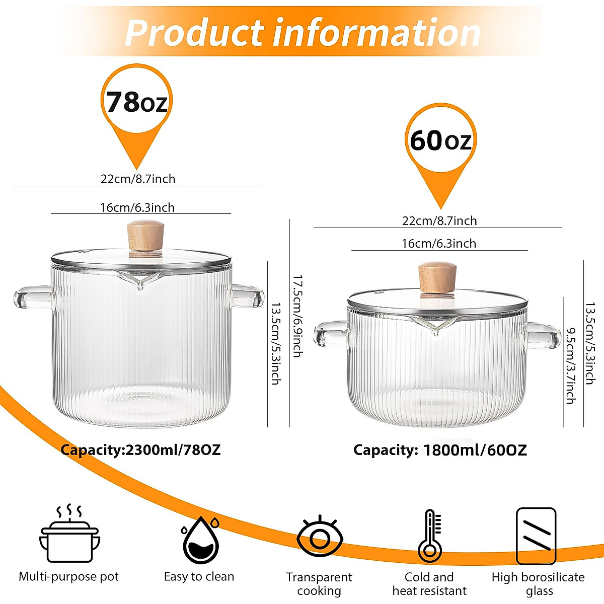 Simmer Pot with Lid, 2.3L(78oz) Heat Resistant Borosilicate, Glass Ribbed Pot, Glass Cooking Pot with Lid, Clear Simmer Pot, for Pasta Noodle, Soup, Milk, Baby Food