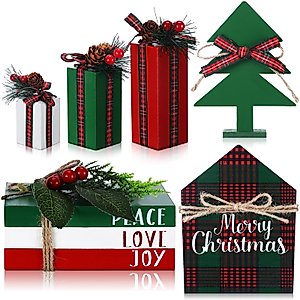 Kigley 6 Pcs Christmas Wooden Table Decorative Xmas Tiered Tray Decor Wooden Block Firework Book Sign for Xmas Home Farmhouse Table Decor(Classic)