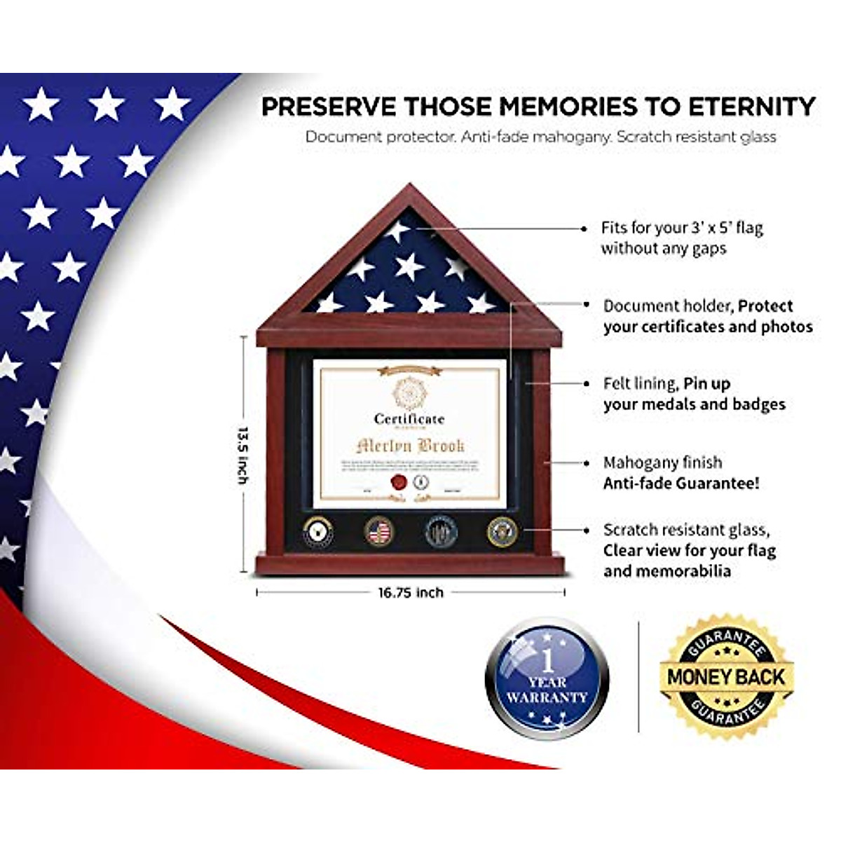flybold Small Flag Case for American Veteran Burial Flag - Solid Wood Military Shadow Box with Wall Mount fits a 3 x 5 ft Folded Flag Display Case Set with Certificate Holder - Mahogany Frame