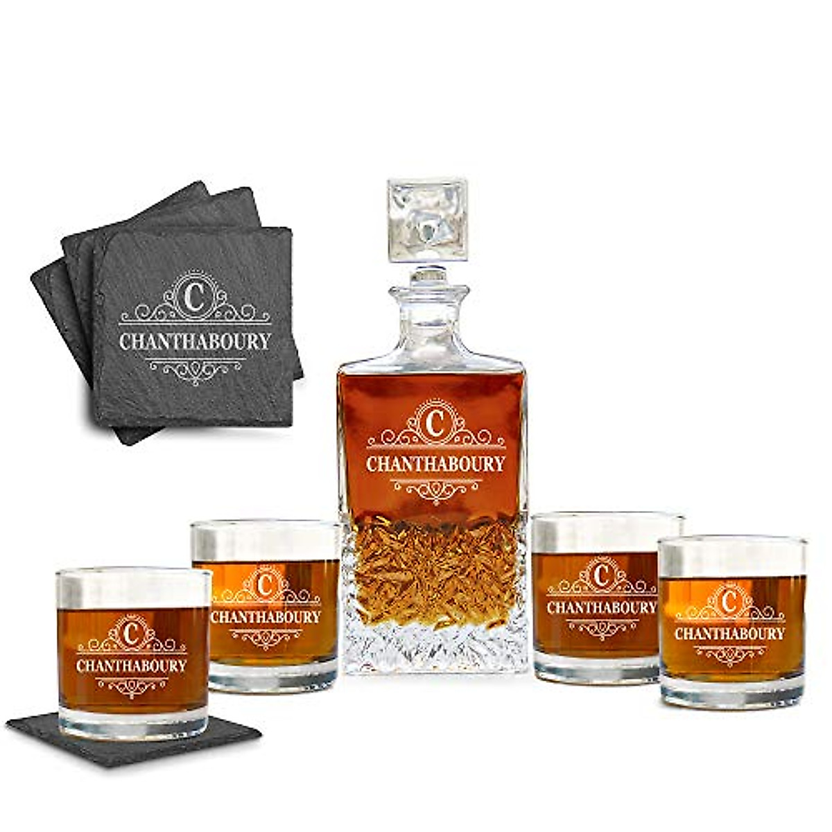 Decanter Set For Men Personalized, Engraved Decanter Set With Glasses, Engraved Decanter Set, Personalized Decanter Set And Glasses With Beautiful Engraved Gray Coasters