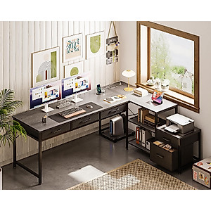 AODK L Shaped Computer Desk with Fabric Drawers and File Cabinet, 61" Reversible Home Office Workstation Desk with Power Outlets & Host Stand, Corner Gaming Table with Storage Shelves, Grey Oak