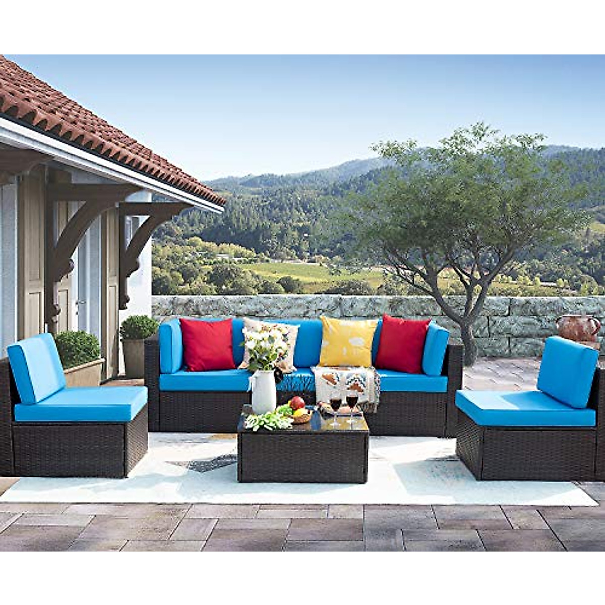 Homall 6 Pieces Patio Outdoor Furniture Sets, Low Back All Weather Rattan Sectional Sofa Manual Weaving Wicker Conversation Set with Coffee Table and Washable Couch Cushions (Blue)
