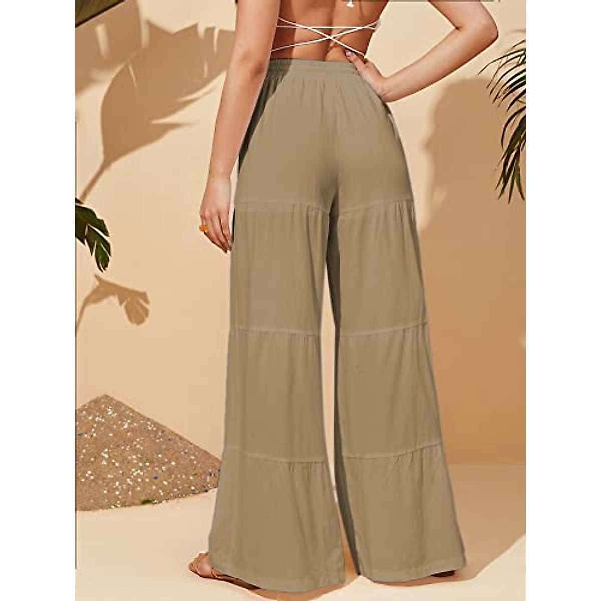 LilyCoco Flowy Pants for Women Palazzo Wide Leg Ruffle Trousers High Waisted Tiered Bell Bottom Camel Small