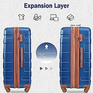 Merax 3 Piece Expandable ABS Hardshell Luggage Sets Spinner Wheel Suitcase TSA Lock Suit Case, Navy/Brown, 20/24/28 Inch
