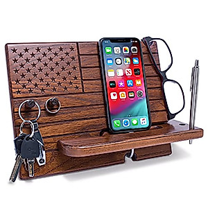 TESLYAR Natural Ash Wood Phone Docking Station National American USA Flag Hooks Key Holder Watch Organizer Men Gift Husband Anniversary Birthday Nightstand Purse Father Graduation Male