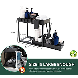 Regoia Under Sink Organizer and Storage 2 Pack with 1 Sponge Holder for Kitchen Sink, 2-Tier Sliding Bathroom Organizers and Storage, Kitchen Countertop Organization with Hooks and Hanging Cup, Black