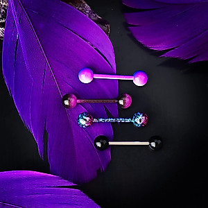OUFER 4 PCS Stainless Steel 14G Barbell Tongue Rings Purple Black Splatter Tongue Barbell Tongue Piercing Jewelry
