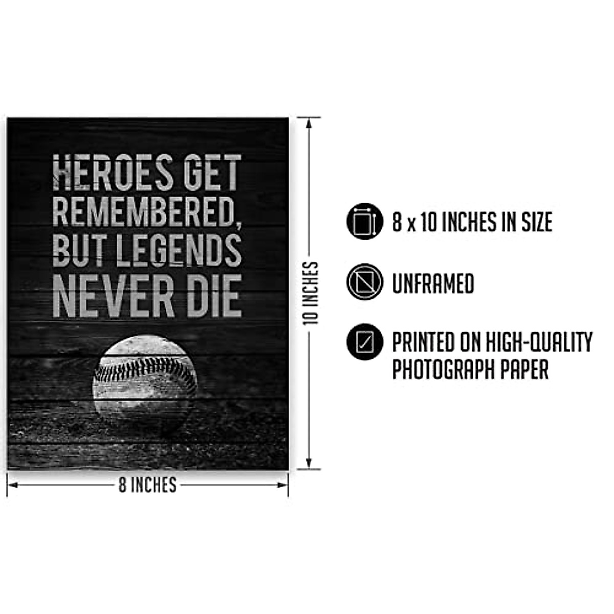 Heroes Get Remembered Legends Never Die - Baseball Motivational Sports Quotes - Baseball Wall Art for Boys Bedroom, Baseball Coach Gift - Inspirational Baseball Wall Decor - 8x10 unframed print