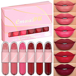 evpct 2 In 1 Matte Lipstick & Liquid Lipstick 6Pcs Set for Women, Dark Ruby Red Nude Beige Hot Pink Mauve Matte Vegan Long Wear Pink Lipstick Waterproof Long Lasting 24 Hour Lipstick Lip Gloss Stain