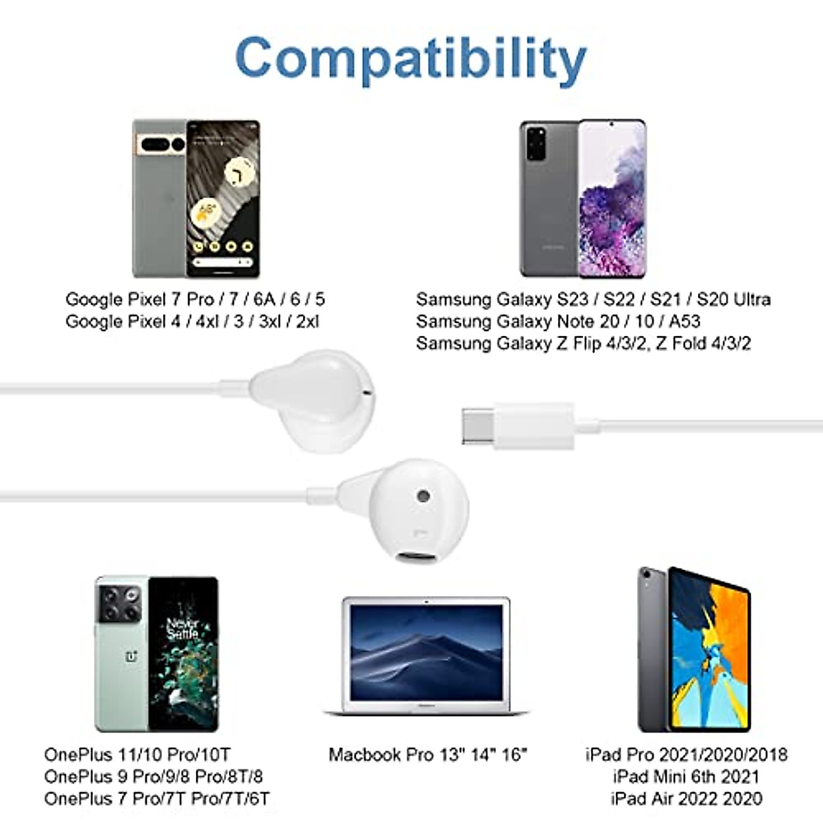 WamGra USB C Headphones, HiFi Stereo Type C Earbuds USB C Earphones with Mic & Volume Control Compatible with Google Pixel 4 3 2 XL,Sony XZ2, OnePlus 6T,MacBook,iPad Pro 2018(Newest Version)-White