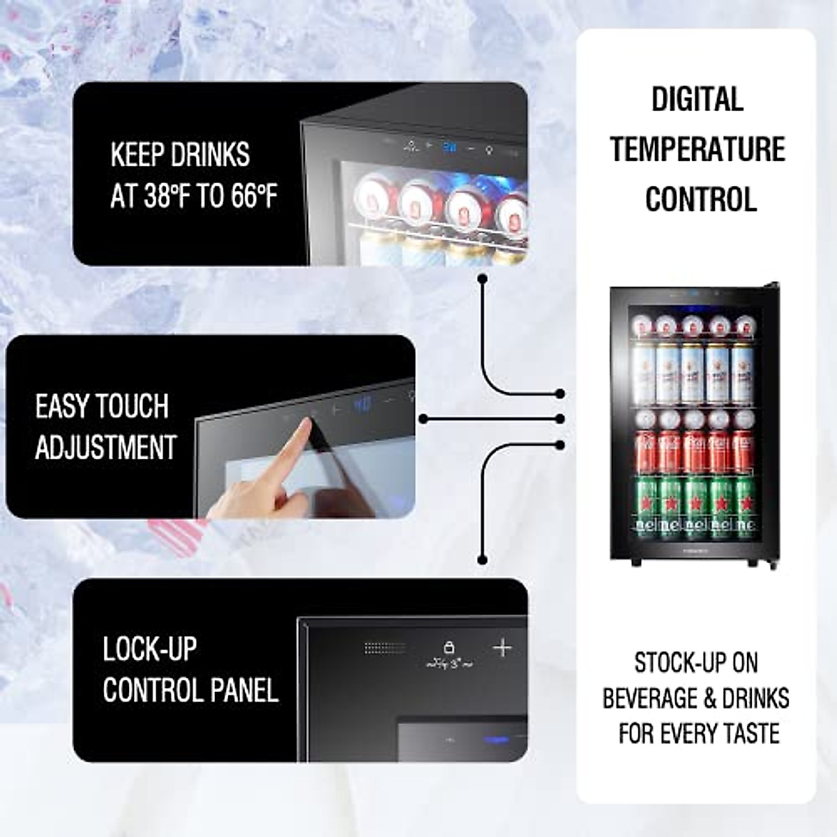 Phiestina Beverage Refrigerator and Cooler Freestanding Beer Cooler 100 cans Big Capacity Drinks Fridge with Interior Lighting Digital Touch Control Removable Shelves for Home/Bar/Office