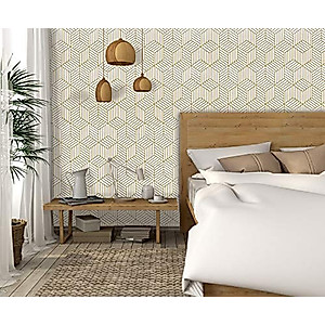 Gold and White Geometric Wallpaper Peel and Stick Wallpaper Hexagon Removable Self Adhesive Wallpaper Gold Stripes Geometric Paper Vinyl Film Decorative Shelf Drawer Liner Roll Waterproof17.7”×393”