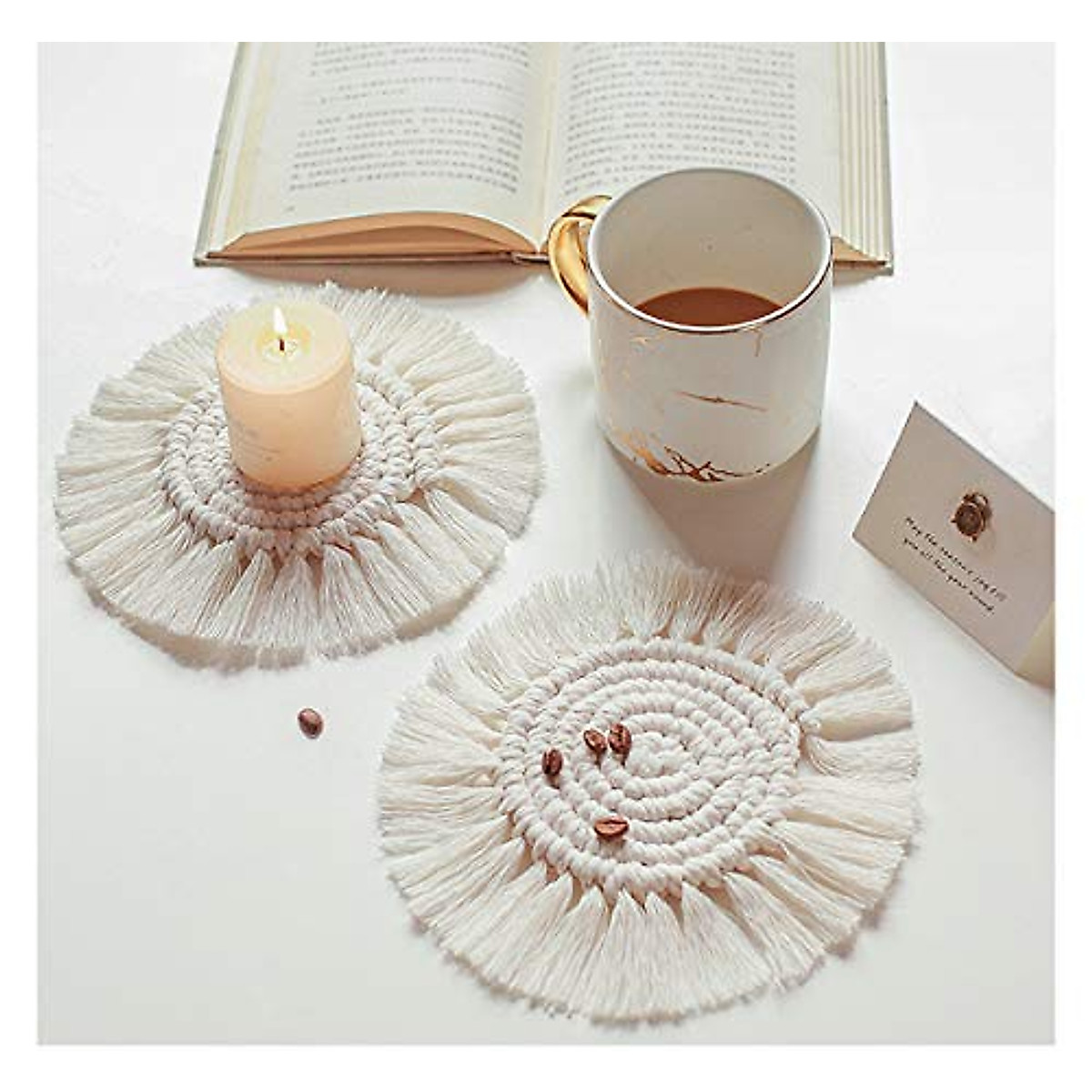 Coasters for Drinks Absorbent Woven Coasters Set Handmade Macrame Coasters with Tassels Coffee Aromatherapy Décor Heat Protection Mat - 4 Pack