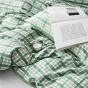 Lurson 100% Cotton Checker Geometric Duvet Cover Set Twin Size Aqua Light Green Reversible Plaid Bedding Comforter Cover Ultra Soft Grid Simple Quilt Cover with Zipper Closure Corner Ties
