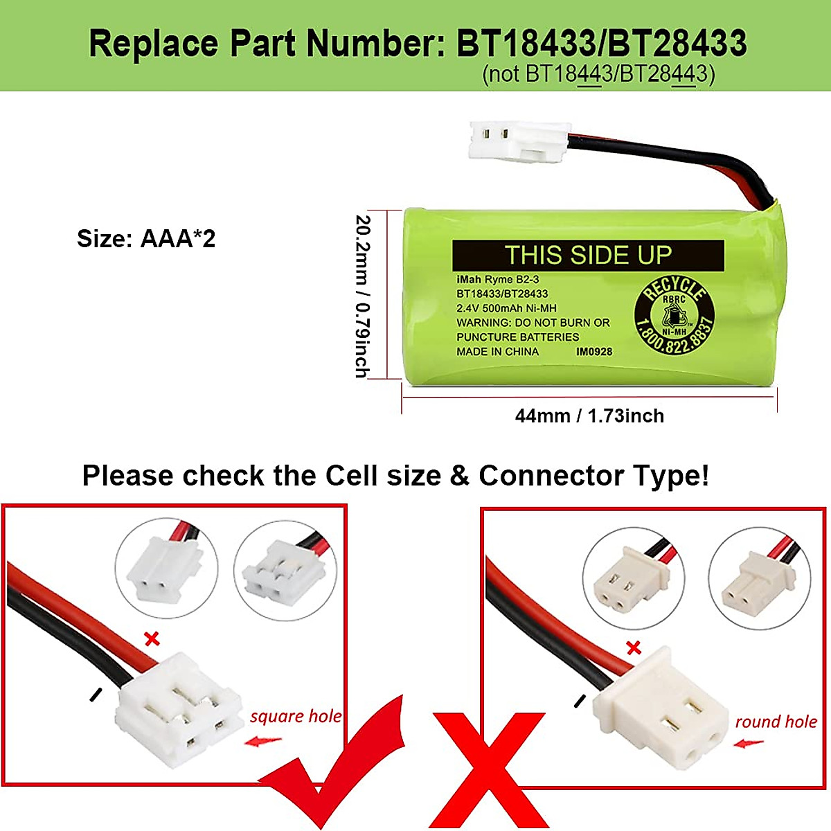 iMah BT18433/BT28433 2.4V 500mAh Ni-MH Cordless Phone Battery, Also Compatible with AT&T BT184342/BT284342 BT8300 BT1011 BT1018 BT1022 BT1031 2SN-AAA55H-S-J1 CS6120 CS6209 CL80109 EL52419, 2-Pack