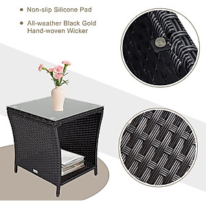 Kinsunny Square Glass Top Wicker Coffee Table, Outdoor Side Tables with Storage, Patio Furniture Patio Coffee Bistro Table PE Rattan Wicker Side Table w/Glass Top Indoor Outdoor, Black