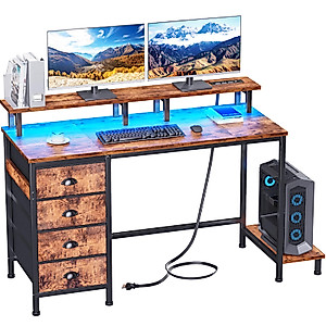 Furologee Computer Desk with 4 Fabric Drawers, 47" Gaming Desk with Power Outlets and LED Lights, Home Office Desk with Full Monitor Stand and Shelf, Study Writing Desk for Bedroom, Rustic Brown