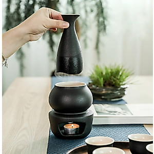Tosnail 7 Pieces Ceramic Japanese Sake Set with Warmer, Hot Saki Set - Black