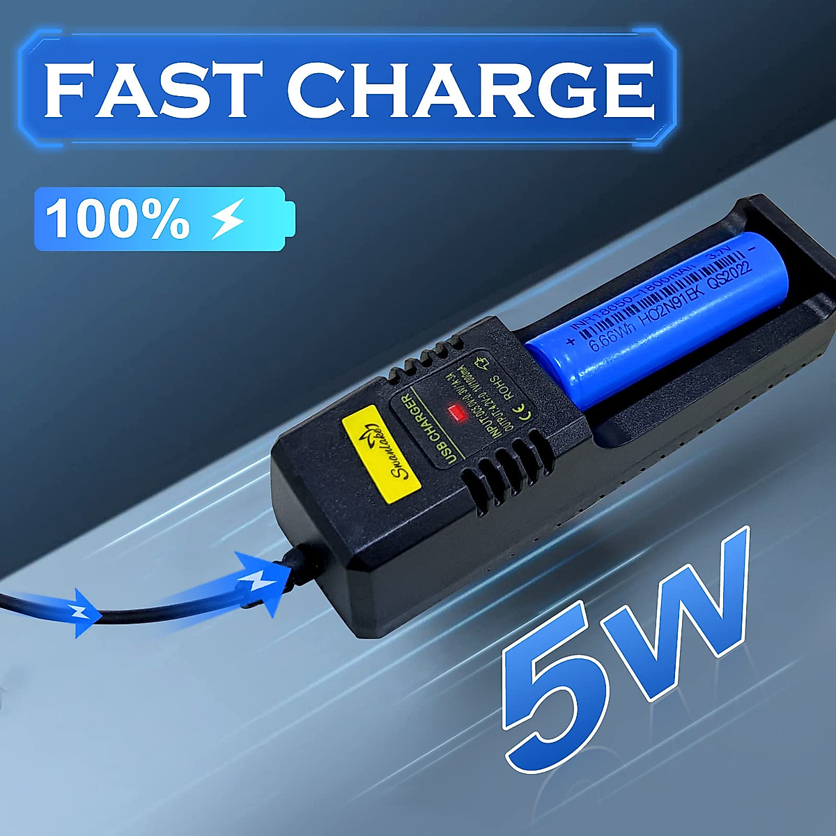 18650 Battery Charger,Single-Slot Intelligent Universal 18650 Charger for 3.7V Lithium Li-ion 18650,26650,18500,18350,16650 Rechargeable Battery (not Including Battery)