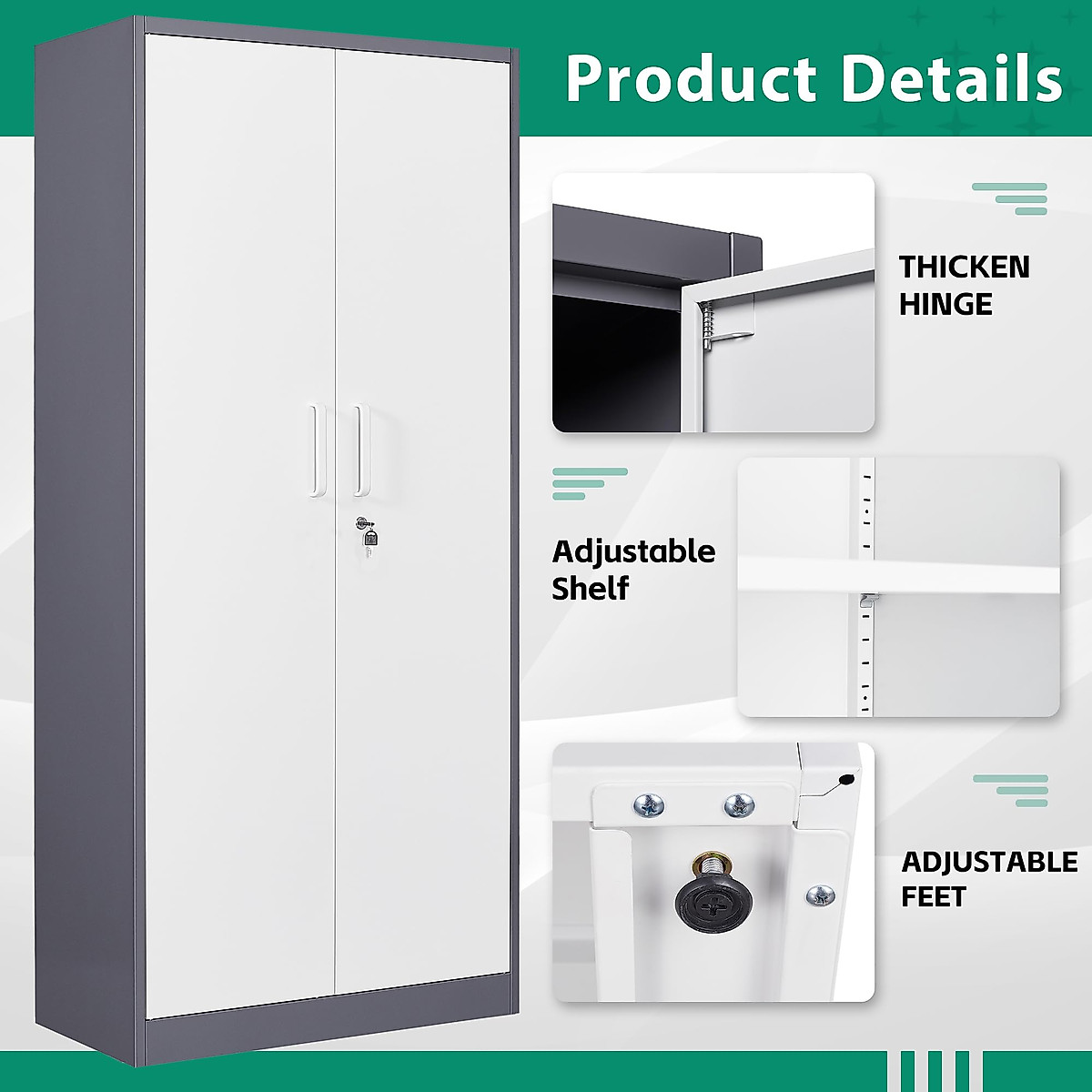 Letaya Metal Storage Cabinet with Lock Door, 71" Adjustable Shelf Steel Lockers for Office, Home,School,Garage Utility Tool Cabinet (2 Door-White&Gray)