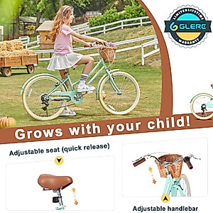 Glerc Missy 24" inch Girl Cruiser Kids Bike 6-Speed Teen Hybrid City Bicycle for Youth Ages 7 8 9 10 11 12 13 14 Years Old with Wicker Basket & Lightweight, Mint Green