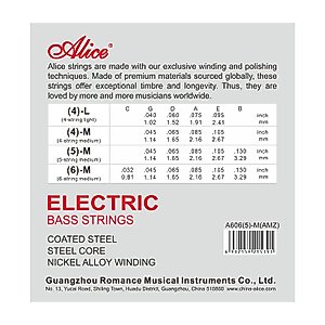 Bass Guitar Strings, Alice Bass String 5 Strings Medium Gauge 45-130 Nickel Alloy Winding String with Nickel-Plated Ball-End for 5 Strings Electric Bass