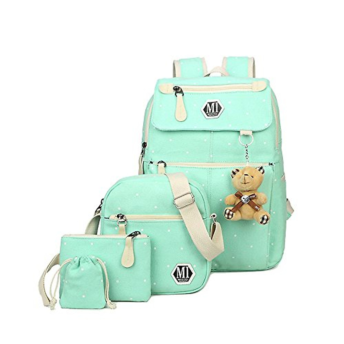 VIDOSCLA 3Pcs Wave Point Canvas School Bag Primary Student Backpack British Wind Elementary BookBag Bag Sets with Plush Doll