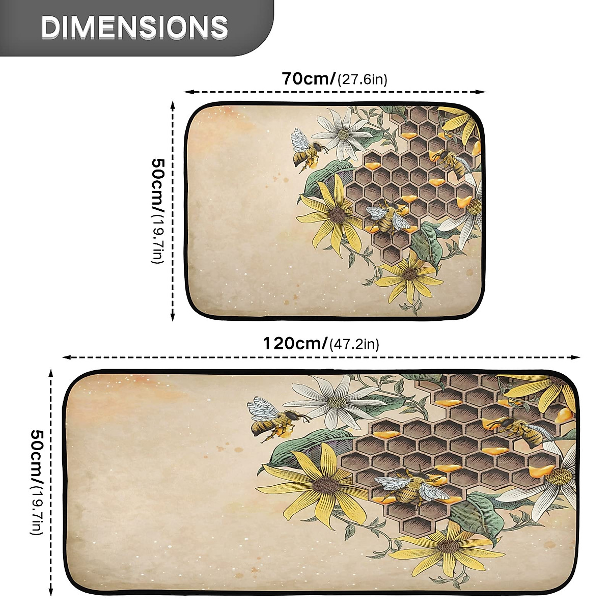 ALAZA Honey Bee Flower Vintage 2 Piece Kitchen Rug Floor Mat Set Runner Rugs Non-Slip for Kitchen Laundry Office 20" x 28" + 20" x 48"
