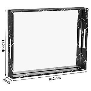 Vixdonos Decorative Serving Tray Marble Black Leather Tray Mirror Ottoman Tray with Handles for Coffee,Candle Holders,16.2'' X 12.2" X 2''