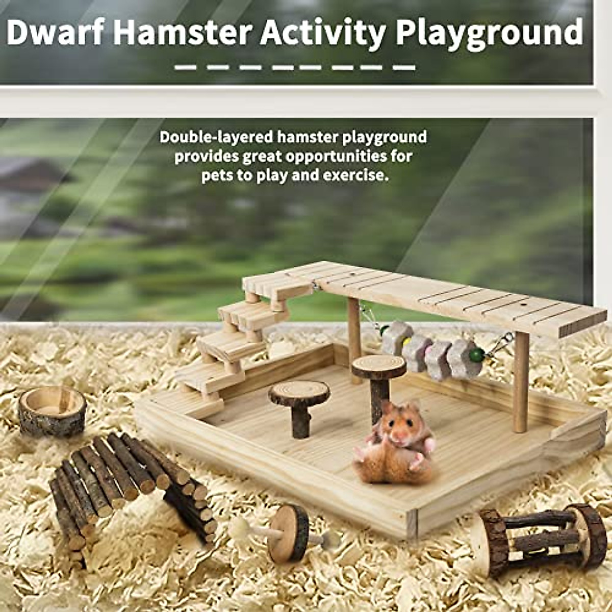Hamiledyi Dwarf Hamster Activity Playground Natural Wood Gerbil Climbing Platform Mice Living Gym System Set Syrian Exercise Cage Accessories with Lava Stone String Chewing Toy Ladder Bridge Ramp
