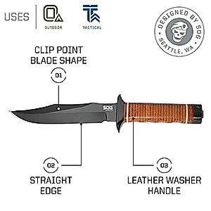 SOG Bowie 2.0 Fixed Blade Knife-Tactical Knife with 6.4 Inch Blade, Hunting Knife with Hard Case TiNi Coating and AUS-8 Steel, Leather Knife Sheath (S1T-L),Brown