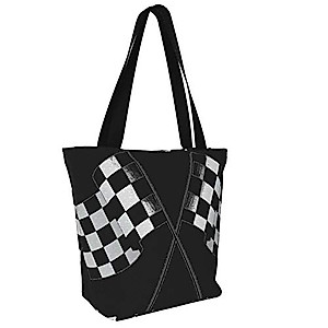 SLAFD Waterproof Women Canvas Shoulder Bag, Checkered Flags Race Car Flag Casual Handbag Shopping Bag Travel Beach Tote Bag for Women Ladies