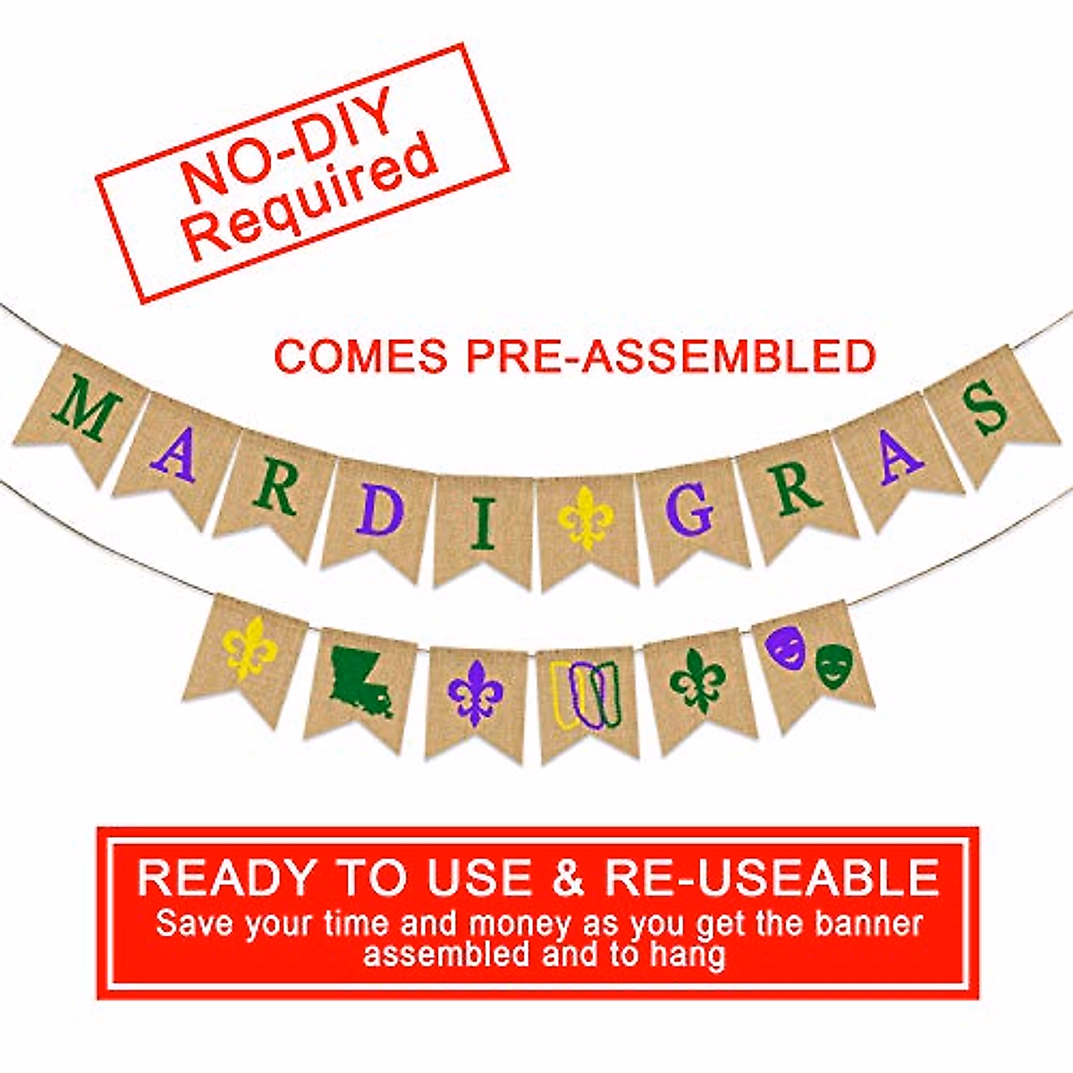 Mardi Gras Banner Burlap | Mardi Gras Decorations | Gold Purple Green Mardi Gras Banner for Mantel Fireplace | Rustic Mardi Gras Party Decorations Supplies | Mardi Gras Outdoor Indoor Hanging Decor