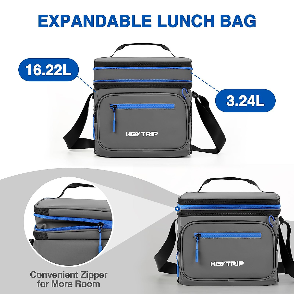 HEYTRIP Expandable Insulated Lunch Box 24 Can Double Deck Cooler Bags Leakproof Lunch Bag for Man Large Lunch Cooler for Camping Travel Picnic(Grey)