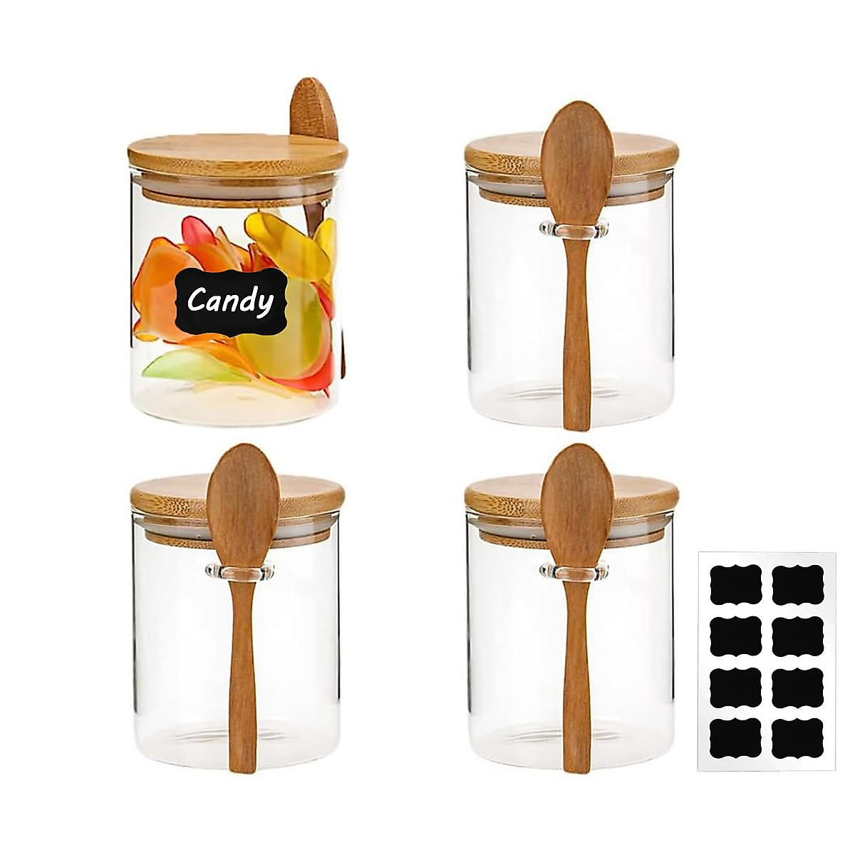 INSTITIZER 4 Pack Glass Jars with Bamboo Lid & Bamboo Spoons, 18.6oz Airtight Food Storage Containers, Clear Glass Jars for Cookie, Candy, Coffee, Sugar, Matcha Tea, Bath Salts