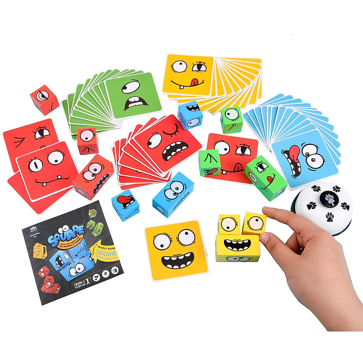 Wooden Face Changing Magic Cube Game, Expression Puzzle Building Blocks Pattern Matching Game, Educational Puzzles Toy Board Games for Kids and Adults with Bell