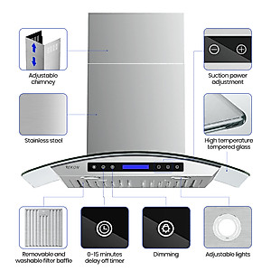 EKON KITCHEN NAP03-30 inch Wall Mounted Stainless Steel & Curved Glass Kitchen Range Hood 900 CFM / 4 Speeds Touch Control With Remote & LCD Display / 2 Pcs 3W Led Lamp / 2 Pcs Baffle Filters