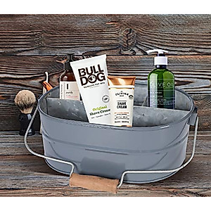 Farmhouse Utensil Caddy with 4 Compartments and Wooden Handle for Flatware, Condiments, Party Cutlery - Galvanized Metal Caddy for Indoor/Outdoor Use - Charcoal