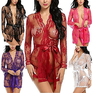 Qopobobo Sexy Lengerie for Women Naughty Women's Lace Kimono Robe Long Sleeve Lingerie Nightgown Mesh Dress with Belt