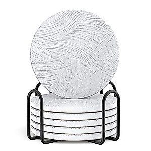 LIFVER Absorbent Drink Coasters with Holder, Set of 6 Ceramic Coasters with Cork Base, White Stone Coasters for Wooden Table, Housewarming Gift, White Elephant Gifts Idea, for Home Decor, 4 inches