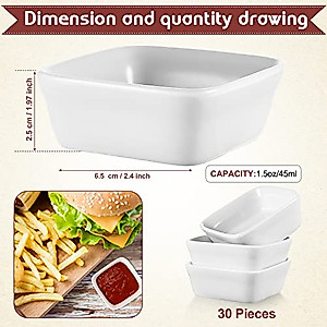 30 Pcs Dipping Bowls Ceramic Soy Sauce Dish, 1.5oz White Square Serving Ceramic Condiment Cups for Sauces Soy Condiments BBQ Sushi Cream Spices Cakes Cookies Party Dinner
