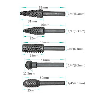 KangTeer Rotary Wood Rasp 5pcs Rotary File Set 1/4" Shank Wood Carving Rotary Burr Polishing Drill Bits(Gary)