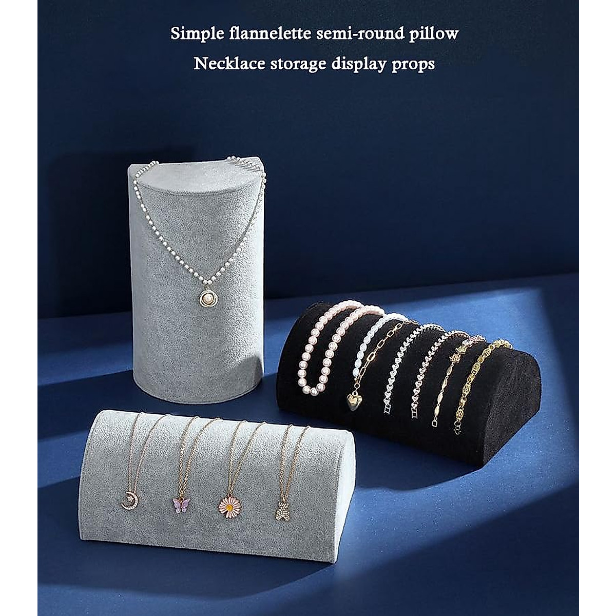 Dreamhousey 2 Pack of Flannel semi-round pillow jewelry display stand, Chain necklace bracelet pendant holder jewelry store counter display props for selling (2, black)