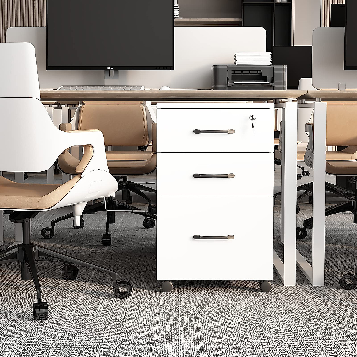 YQ JENMW 3 Drawers File Cabinet, Rolling Mobile Vertical Filing Cabinet with Lock, Wood Under Desk File Cabinet with Wheels for Supplies Files, and Materials,Mobile File Cabinet for Home Office,White