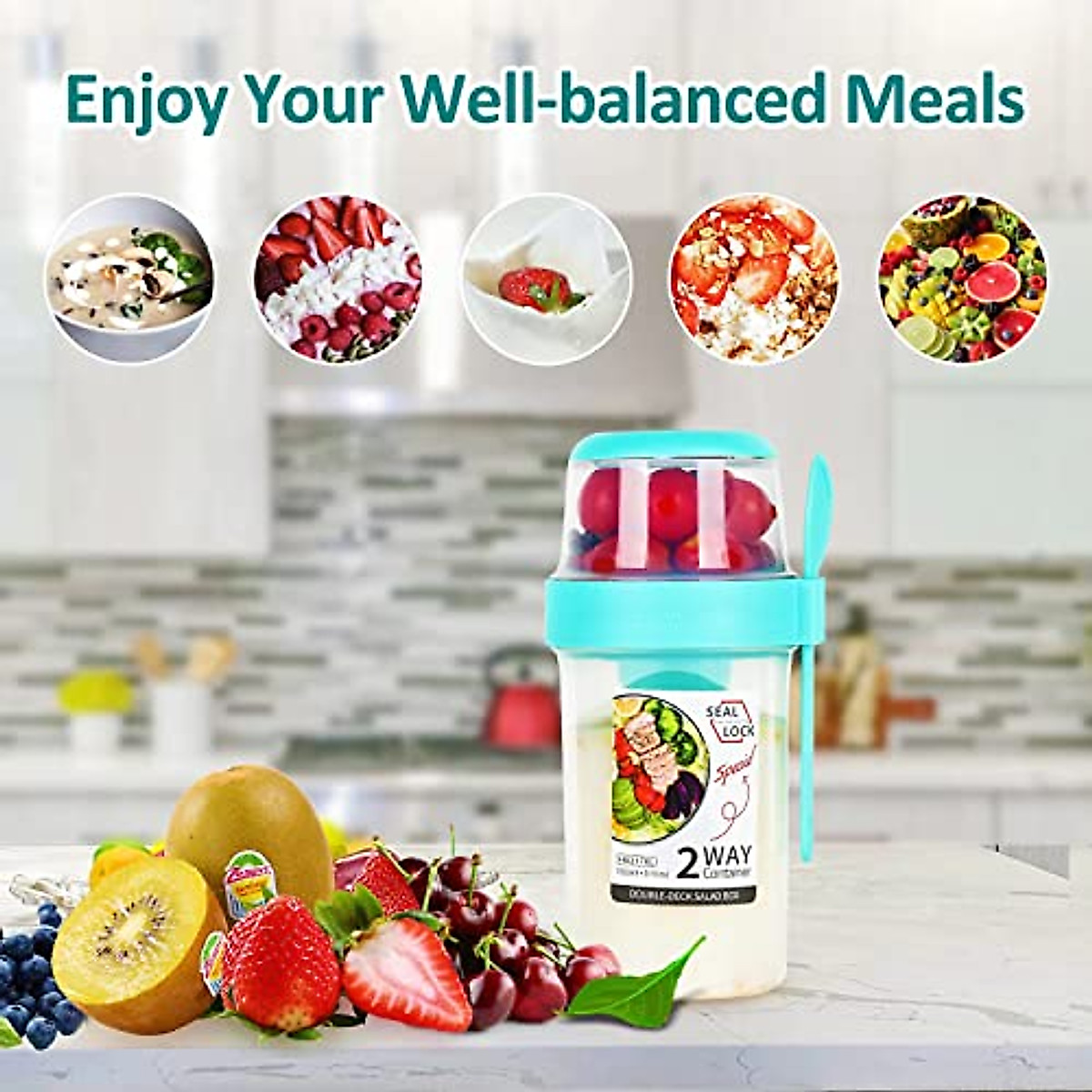 26 oz Breakfast On the Go Cups,Take and Go Yogurt Cup with Topping Cereal Cup with Fork,Leak-proof Overnight Oats or Oatmeal Container Jar,Portable Reusable Yogurt Snack Parfait Containers(Green)