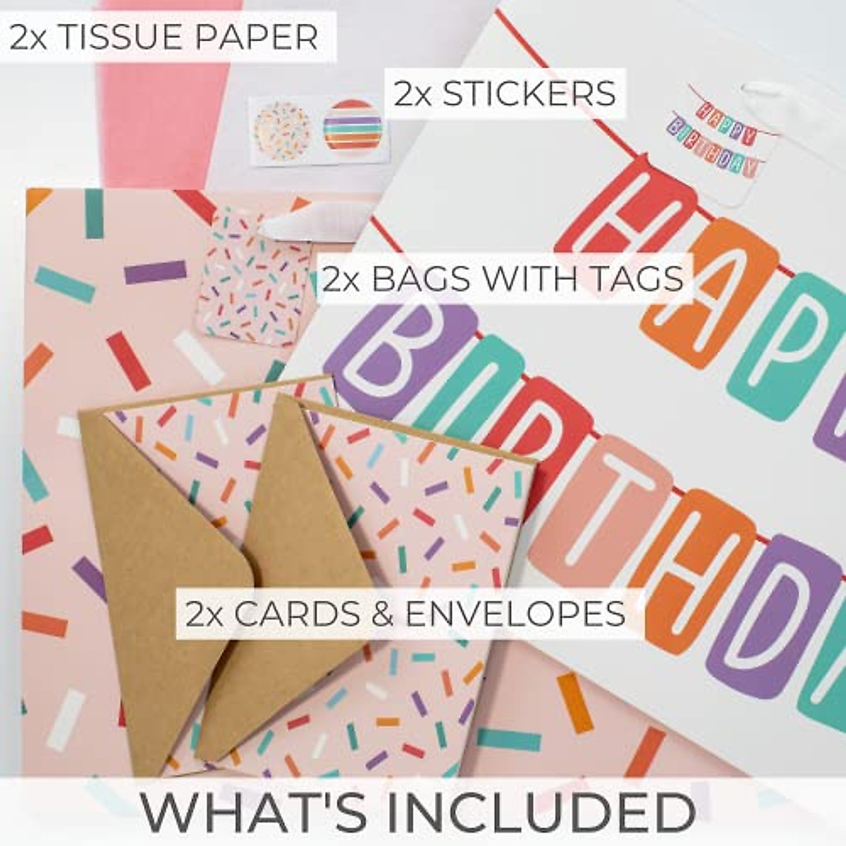 Beautiful Birthday Gift Bags Set of 2 - Large 16" Bags with Handles incl. Matching Tissue Paper, Cards & Stickers - Reusable and Perfect For Presents of Any Girls/Boys Kids Party & Special Occasion