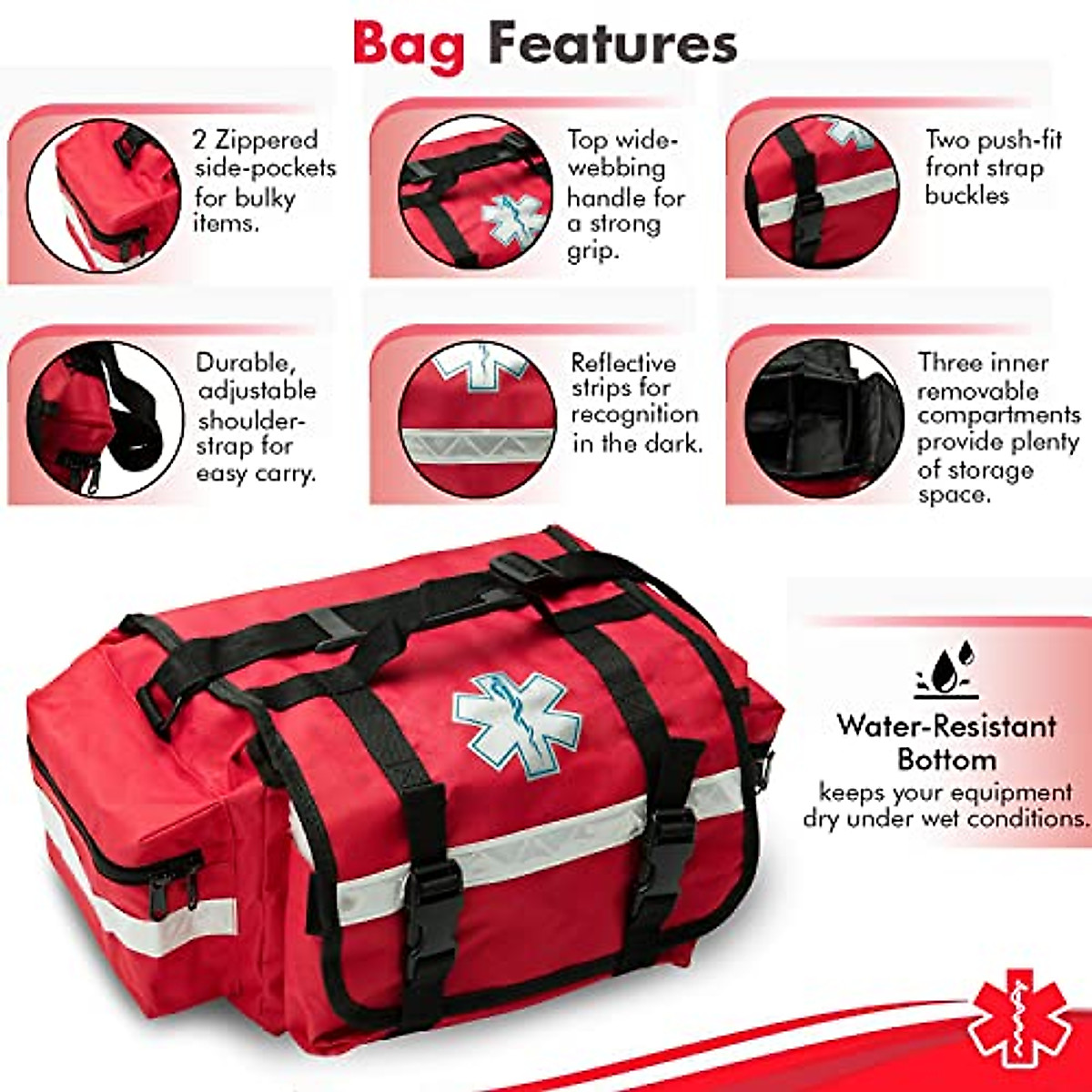 NOVAMEDIC Professional Empty Red First Responder Bag, 17" x 9" x 7", EMT Trauma First Aid Carrier for Paramedics and Emergency Medical Supplies Kit, Lightweight and Durable