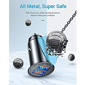 USB Car Charger Adapter AINOPE Fast Car Charger Fast Charge Cigarette Lighter USB Charger 36W All Metal Mini Quick Charge Compatible with iPhone 14/13/12/11 pro/11/ x/8, Note 9/20 Galaxy S23/S10/S9