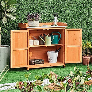 Yaheetech Garden Potting Bench Table - Outdoor Garden Patio Wooden Storage Cabinet & Solid Wood Planting Work Bench with Large Space Storage & Metal-Plated Tabletop, Brown