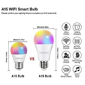 LEDEPLY 5W=40W, A15 Smart Bulb, Compatible with Alexa, Google Home, E26, Color Changing, Dimmable LED WiFi Light Bulbs, No Hub Required, 1 Pack